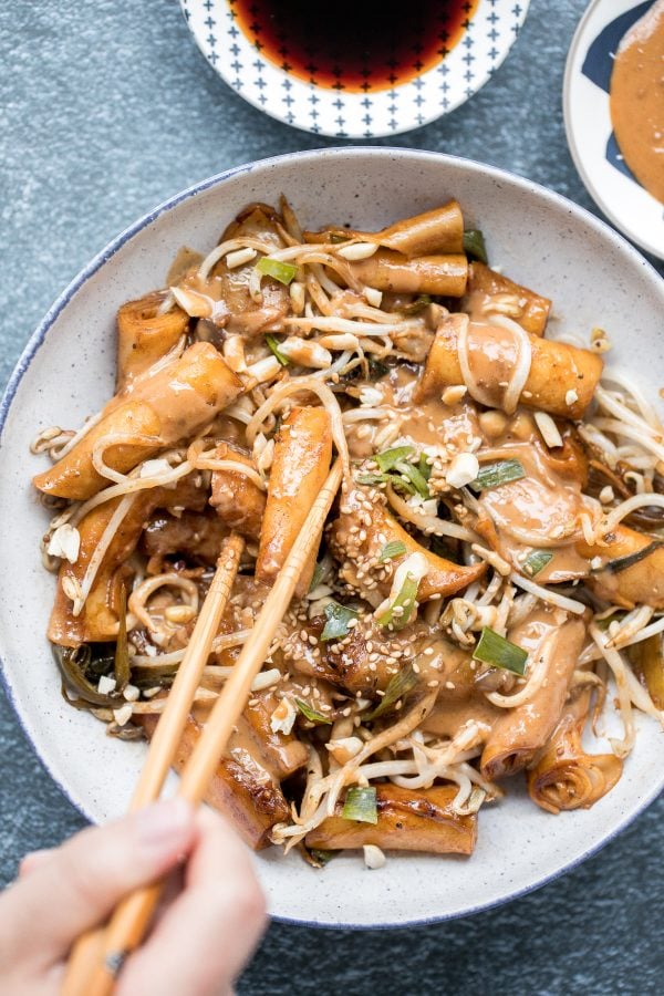 Stir-Fried Rice Noodle Rolls with Peanut Butter Sauce - Ahead of Thyme