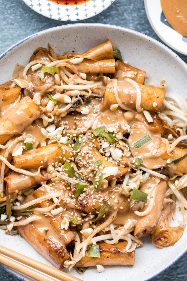 Stir-Fried Rice Noodle Rolls with Peanut Butter Sauce - Ahead of Thyme